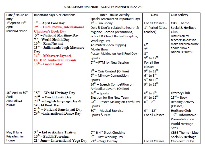 Yearly Activity Planner | A.M.I. Shishu Mandir
